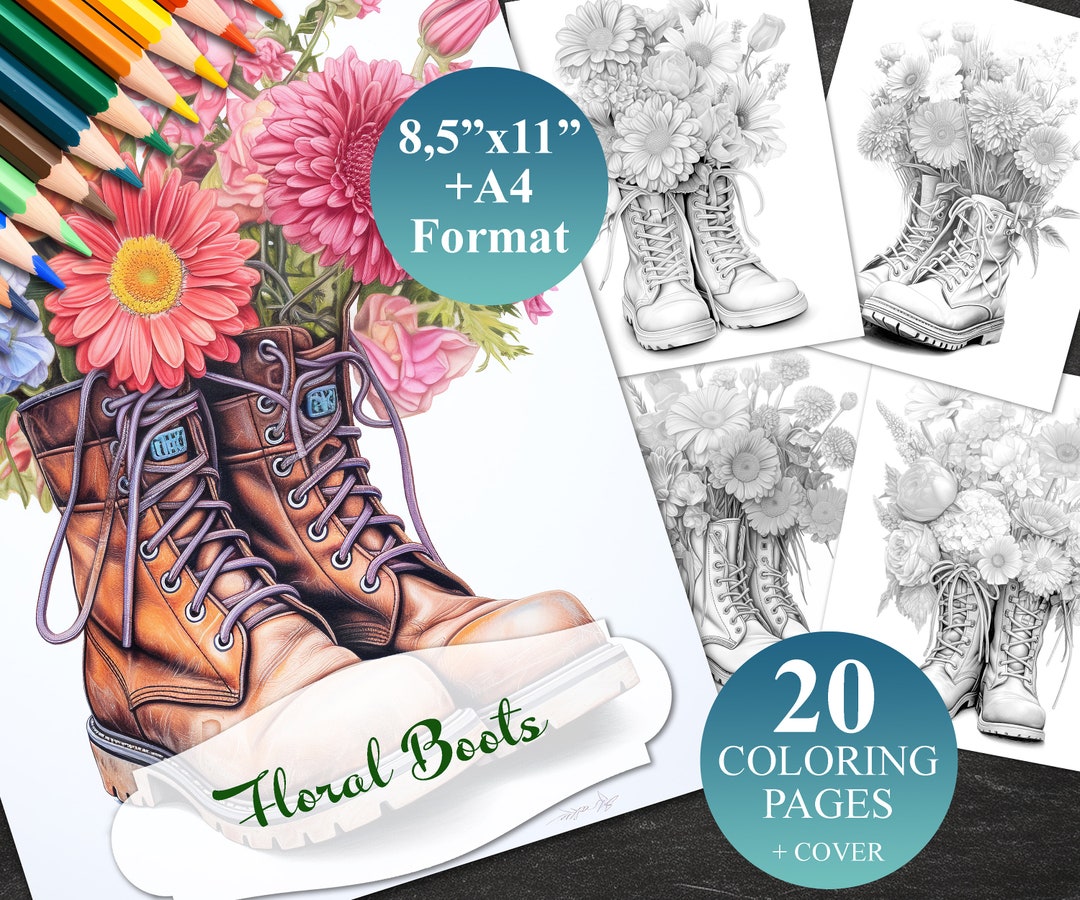 20 Floral Boots Coloring Pages + Cover, Printable Adult Coloring Book ...