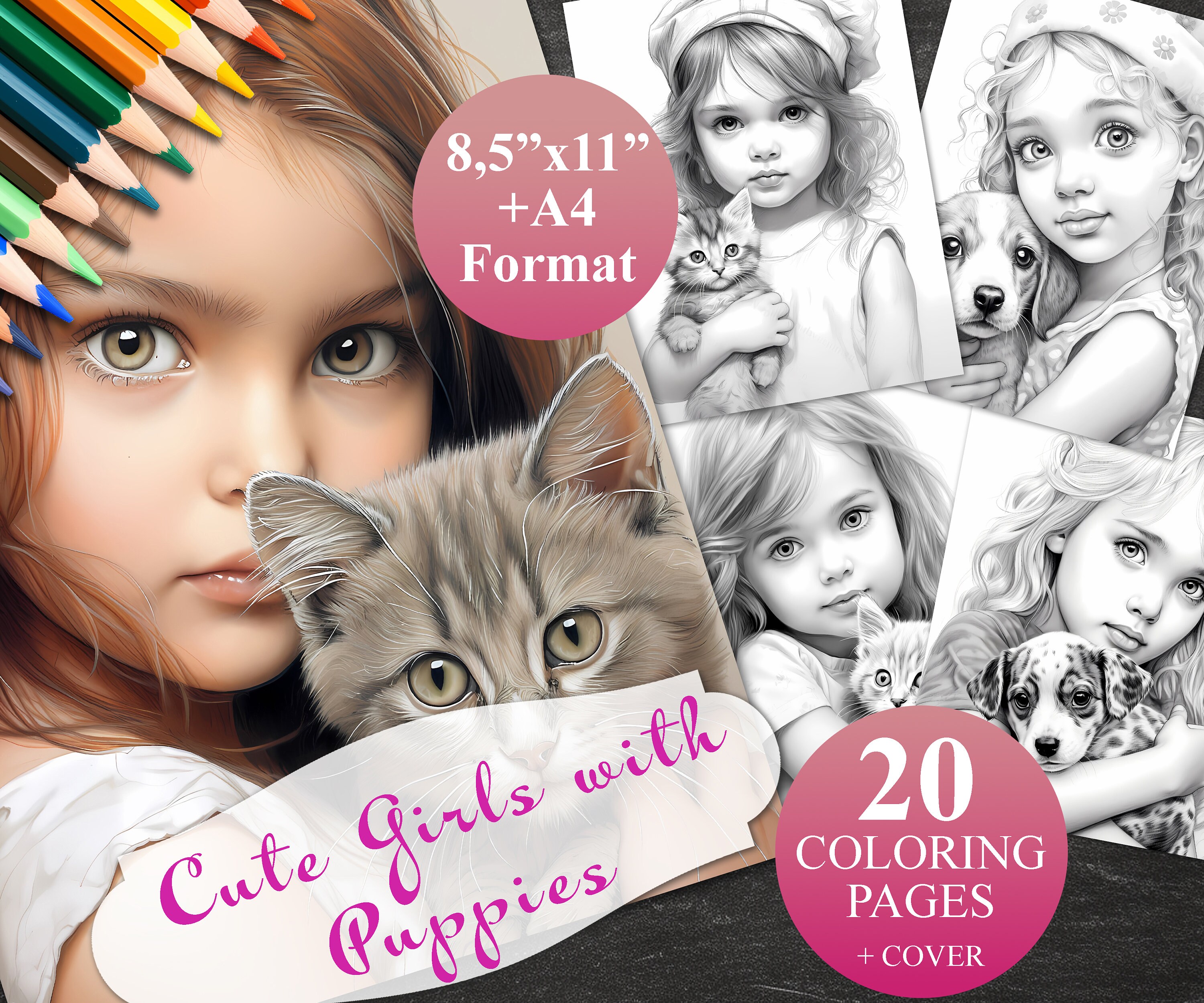20 Cute Girls With Puppies Coloring Pages Cover, Printable Adult ...
