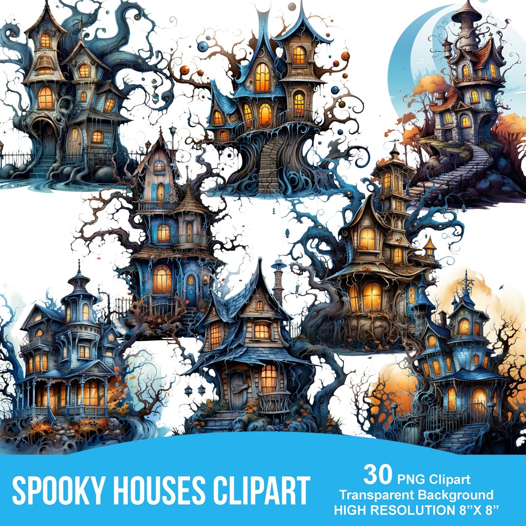Halloween Houses Watercolor Clipart Bundle - 30 PNG Spooky House Images ...