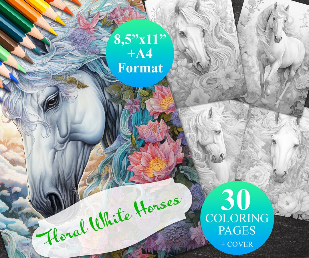 30 Floral White Horses Coloring Pages + Cover, Printable Adult Coloring ...