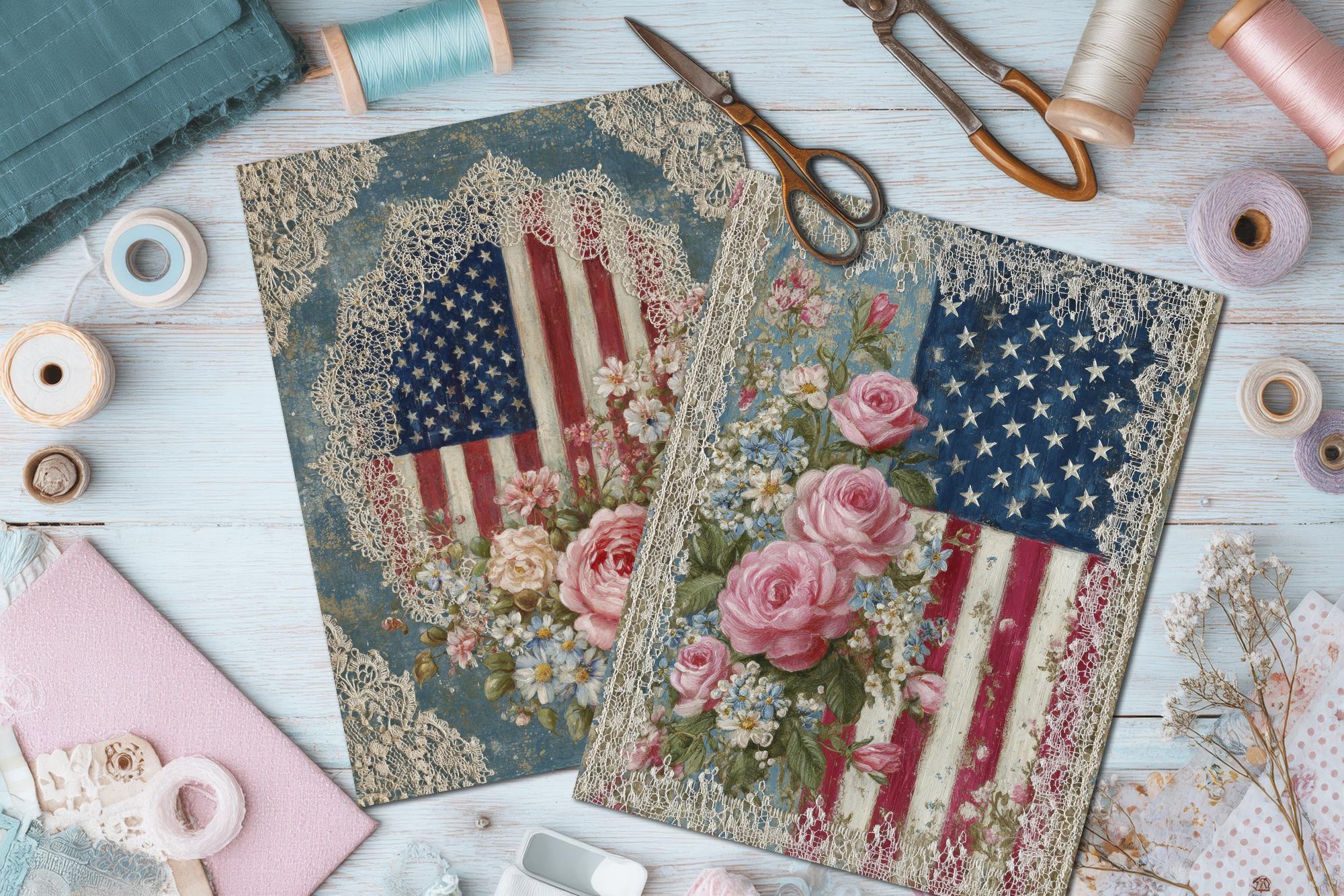 Patriotic America Lace Digital Papers, Americana Junk Journal, Vintage ...