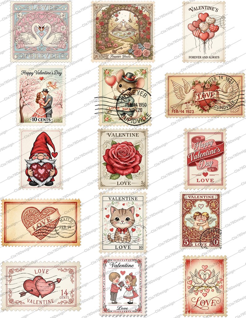 Vintage Valentine Ephemera Stamps, Printable Stamp Sheets, Digital ...
