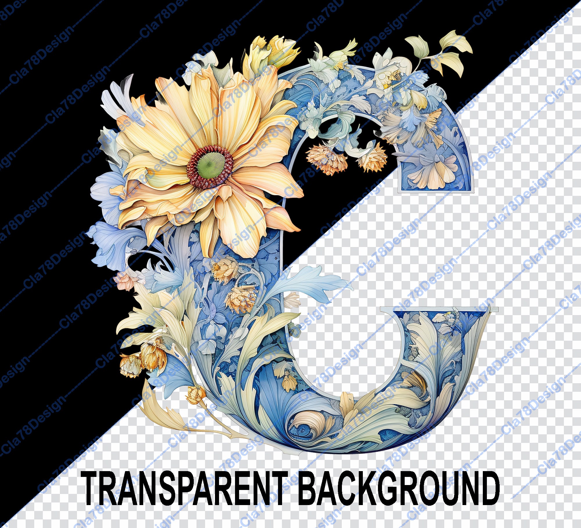 26 Floral Letters Clipart 5 X 5 Transparent Background Digital Download ...