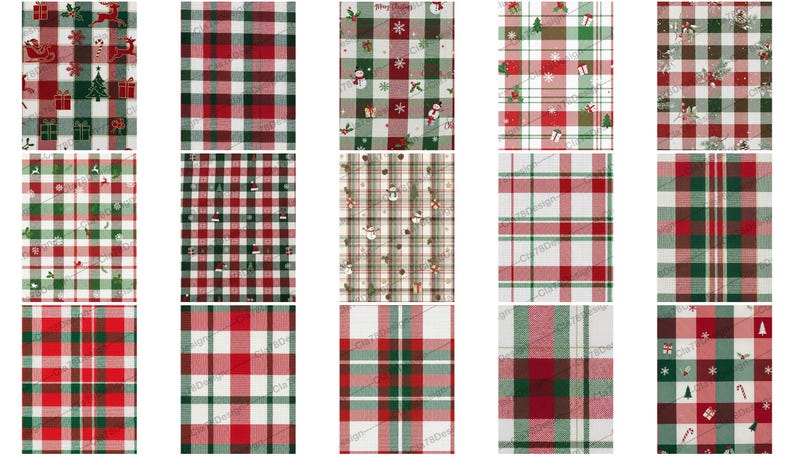 Digitaal papier met tartanruit, geruite kerstpatronen, rood groen goud ...