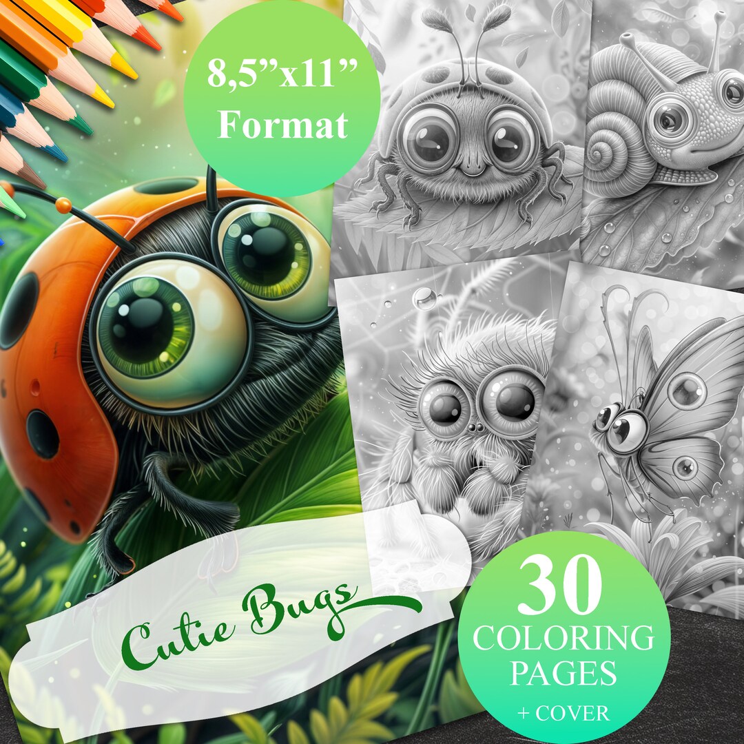 30 Cutie Bugs, Cute Insect Coloring Page Book, Adults and Kids Instant ...
