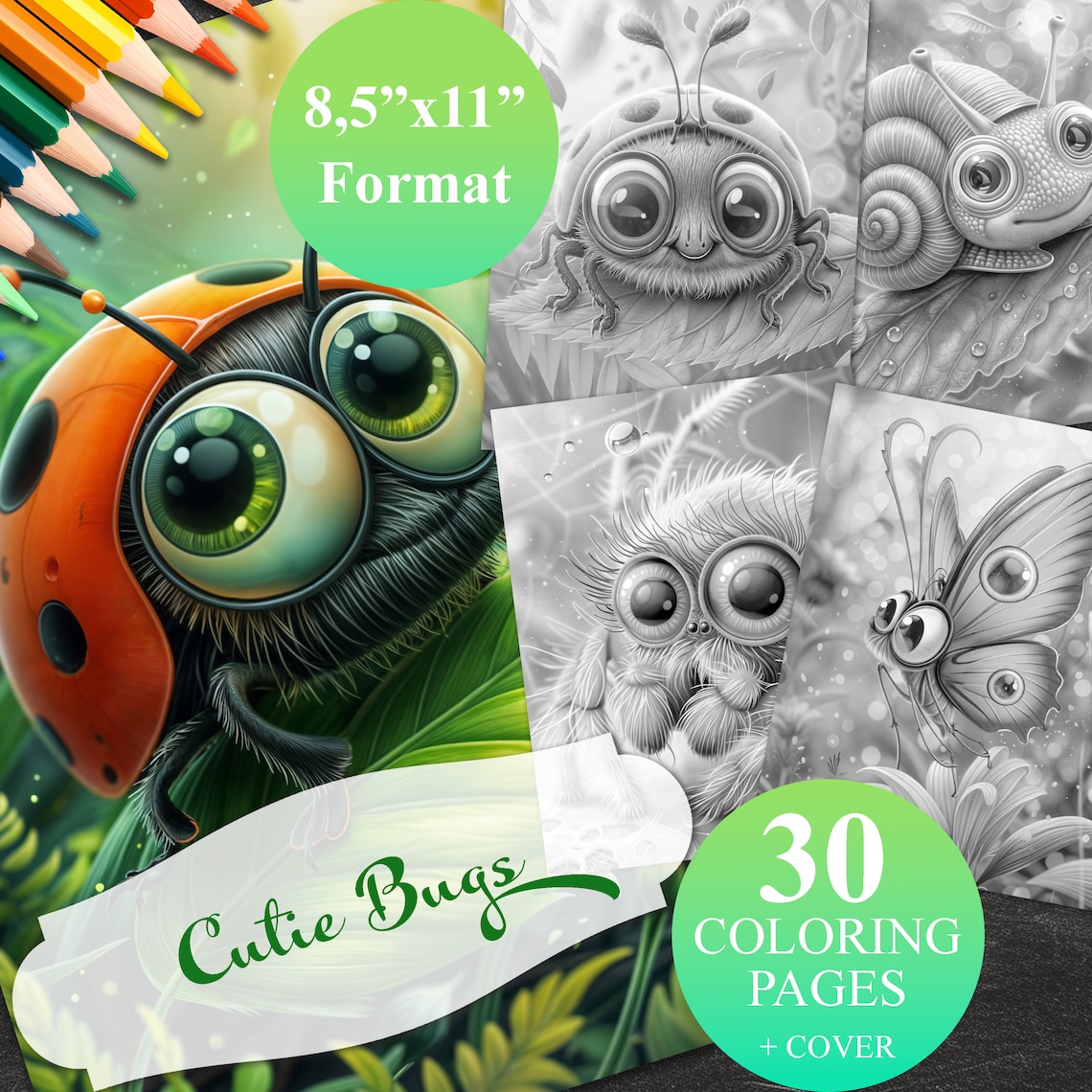 30 Cutie Bugs, Cute Insect Coloring Page Book, Adults and Kids Instant ...