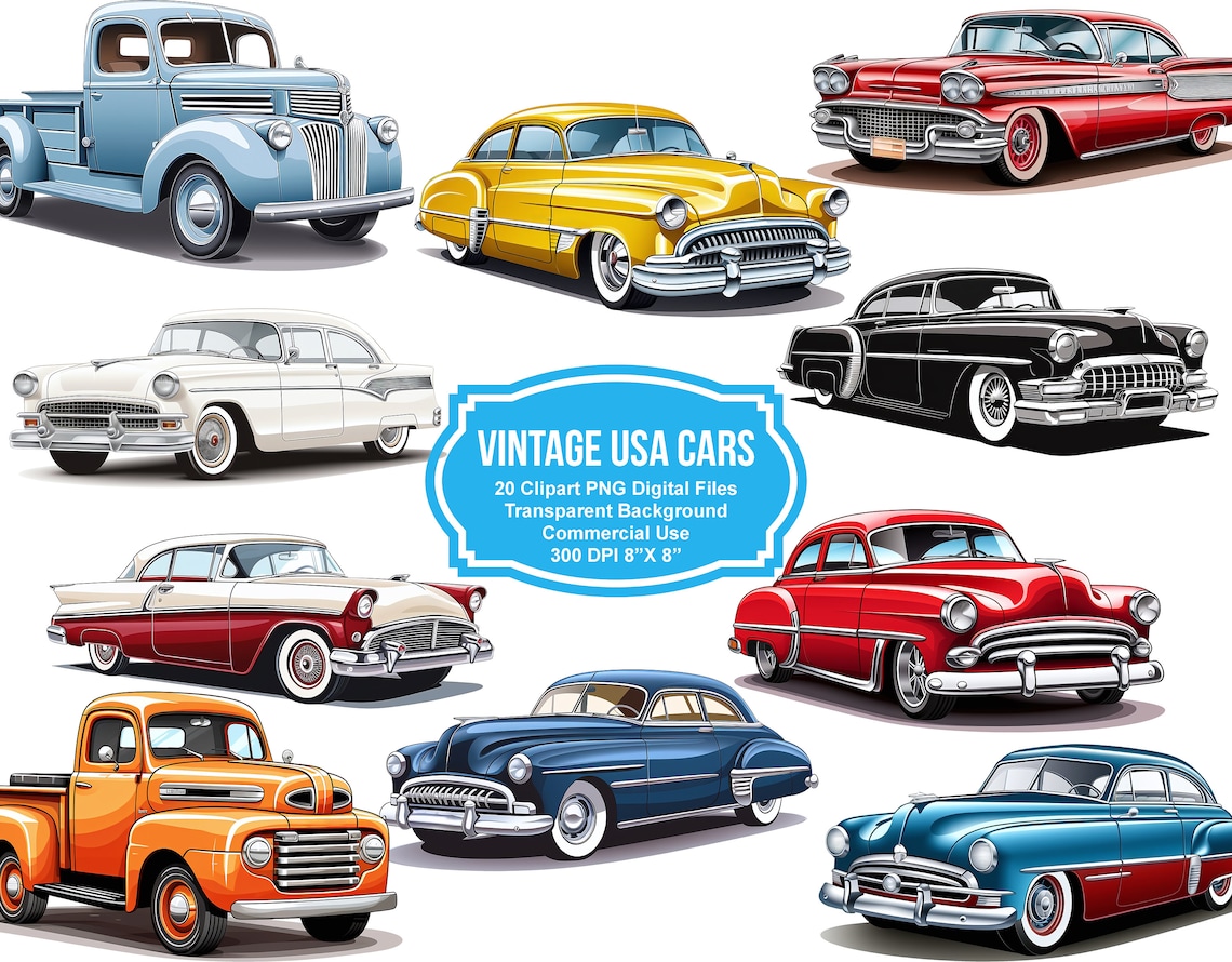 20 Vintage USA Cars Clipart 8 X 8 Transparent Background Digital ...