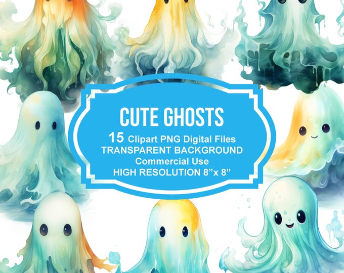 105 Spooky Halloween Ghost Clipart, Watercolor Clipart, Halloween PNG ...