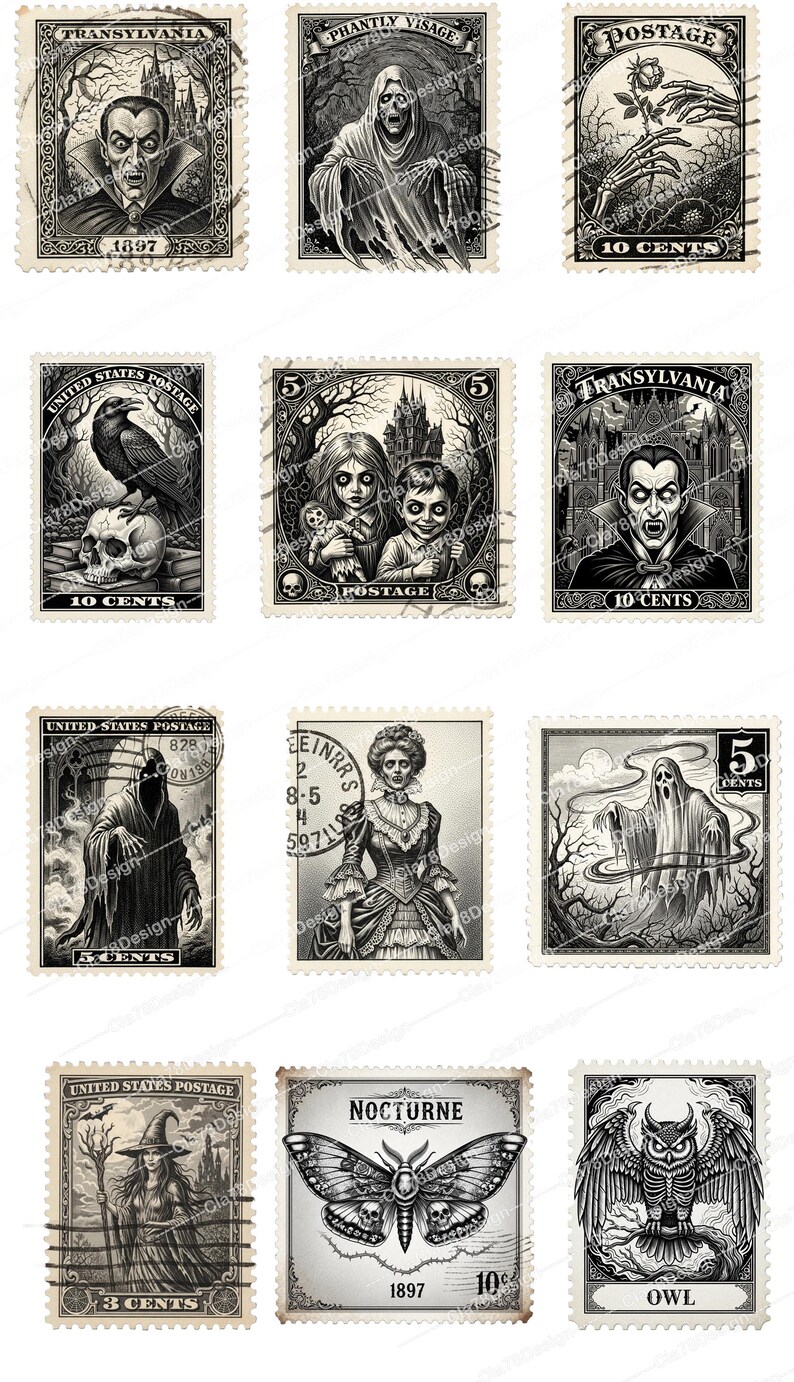 Gothic Horror Digital Stamps, Vintage Halloween Ephemera, Spooky Junk ...