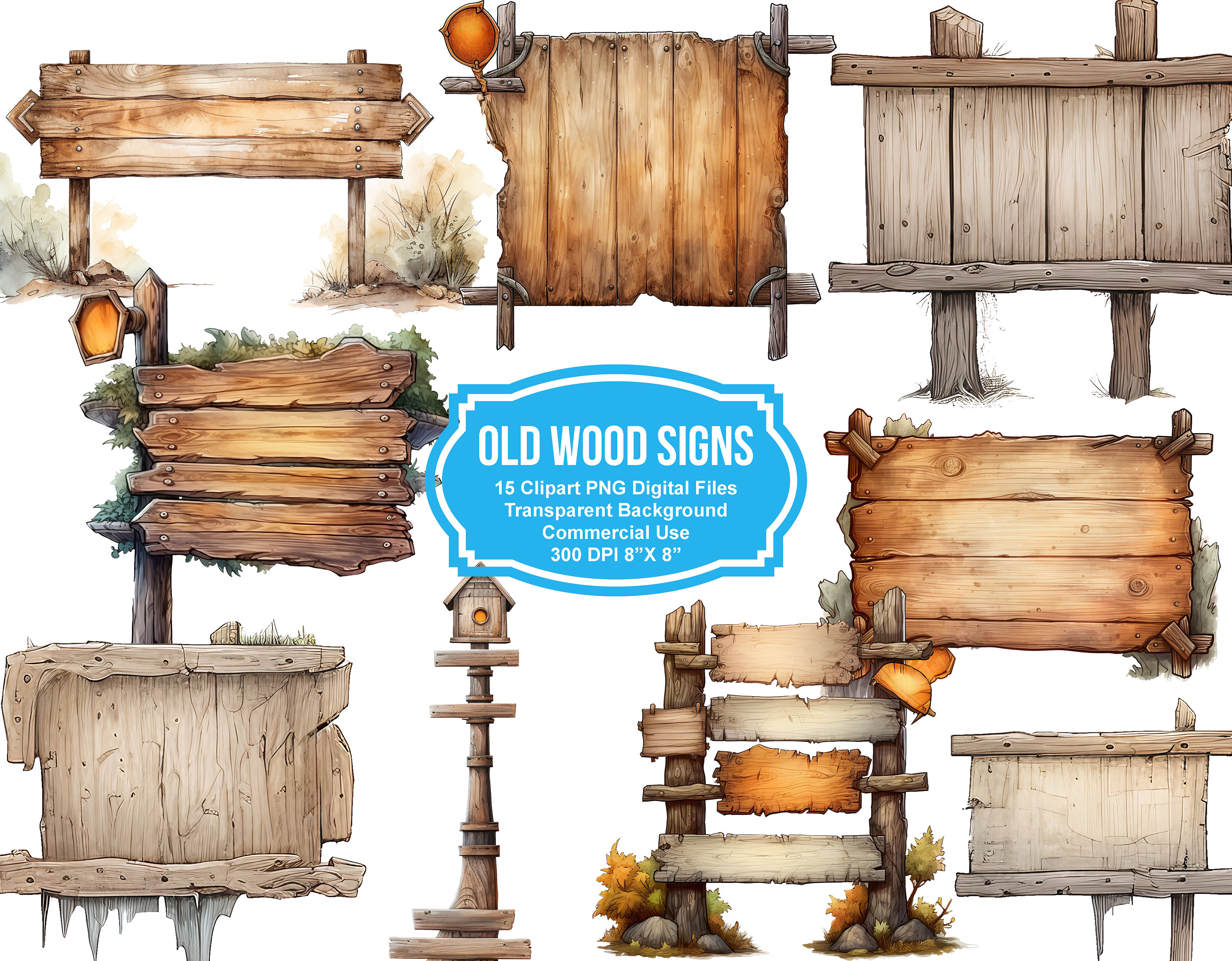 15 Old Wood Signs Clipart 8" X 8" - Transparent Background Digital ...