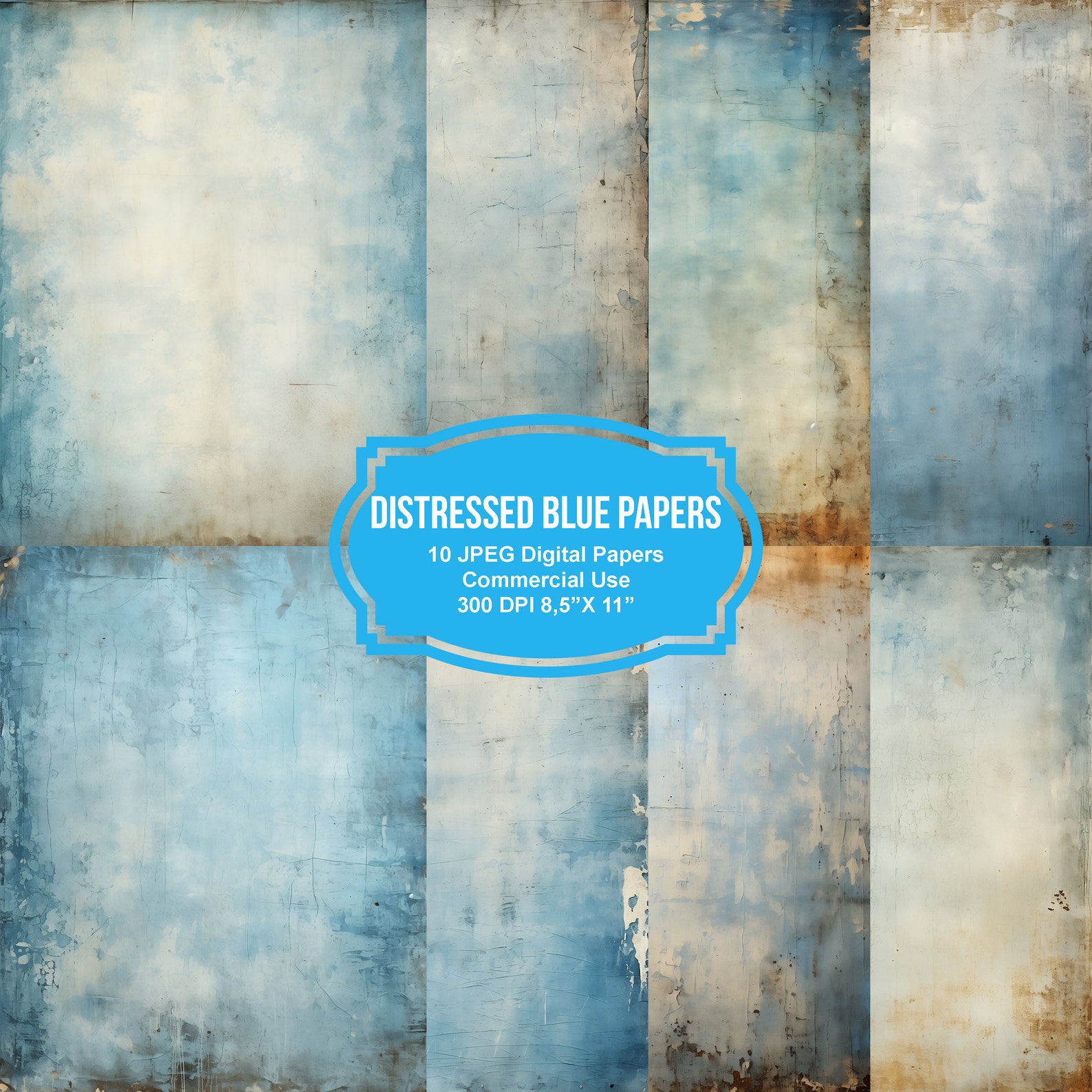 Distressed Blue Digital Junk Journal Papers, Watercolor Printables ...