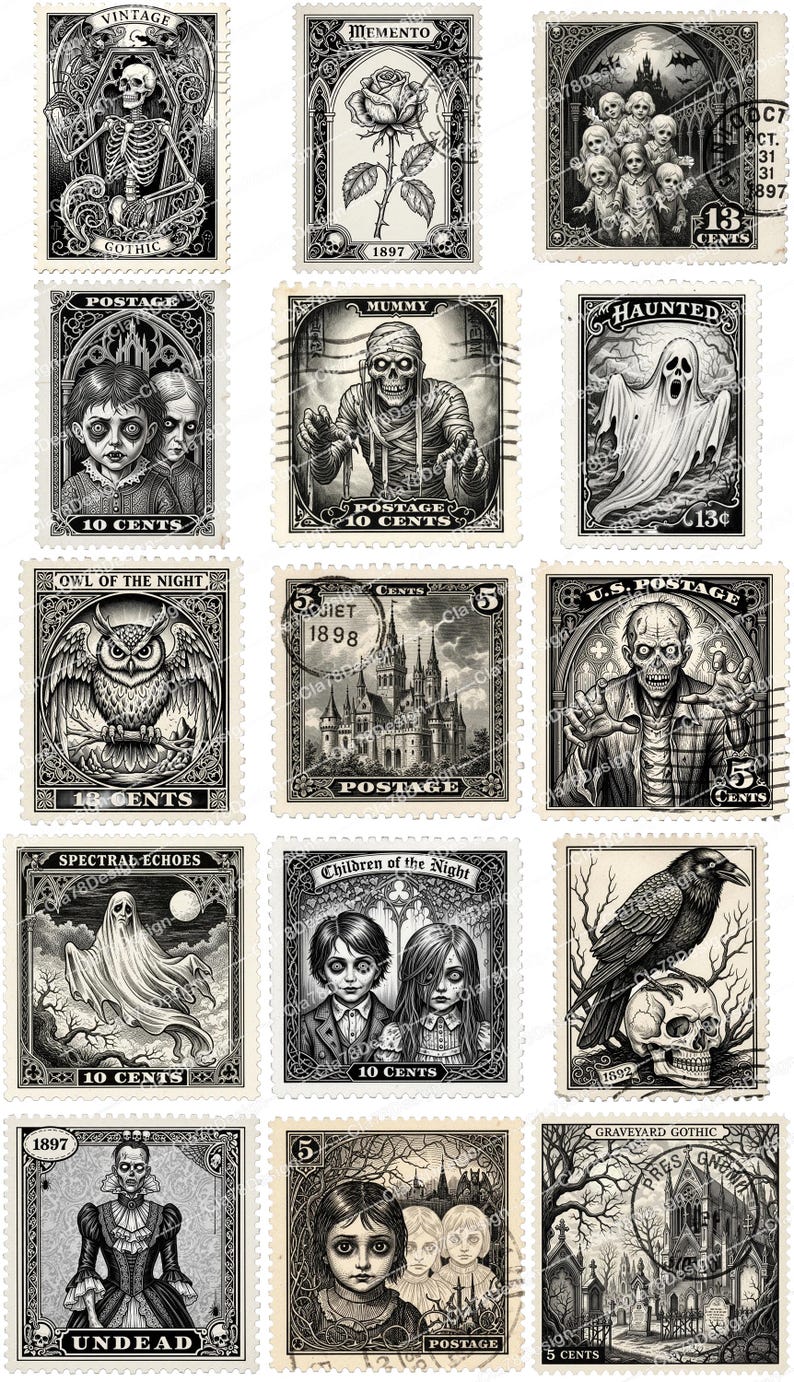 Gothic Horror Digital Stamps, Vintage Halloween Ephemera, Spooky Junk ...