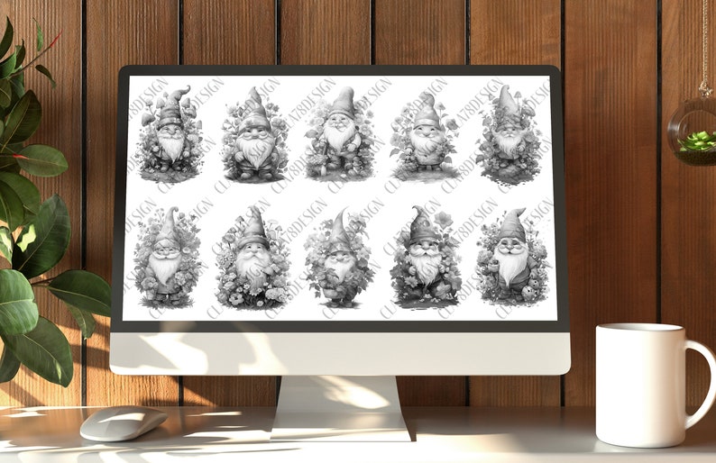 10 Grayscale Cute Gnomes Coloring Book, Printable Adult Coloring Pages ...