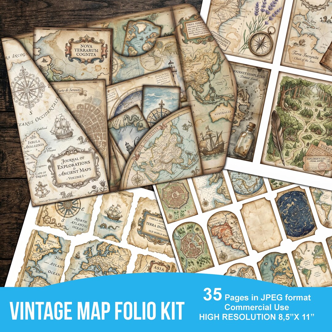 Vintage Map Junk Journal Folio Kit | Printable Travel Ephemera ...