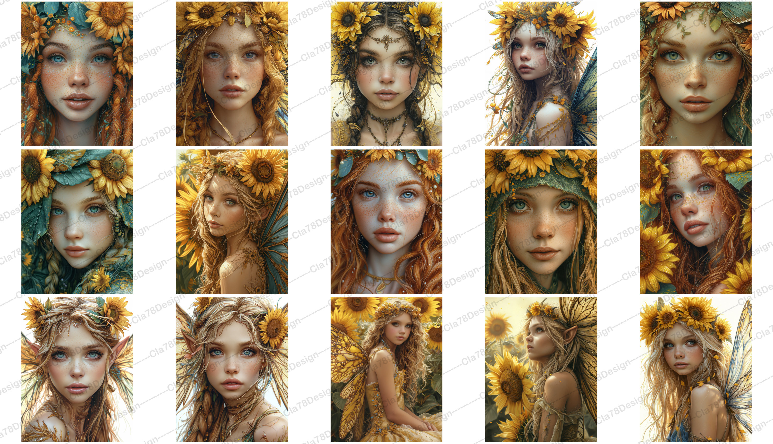 15 Sunflowers Fairies Coloring Pages + Cover, Printable Adult Coloring ...