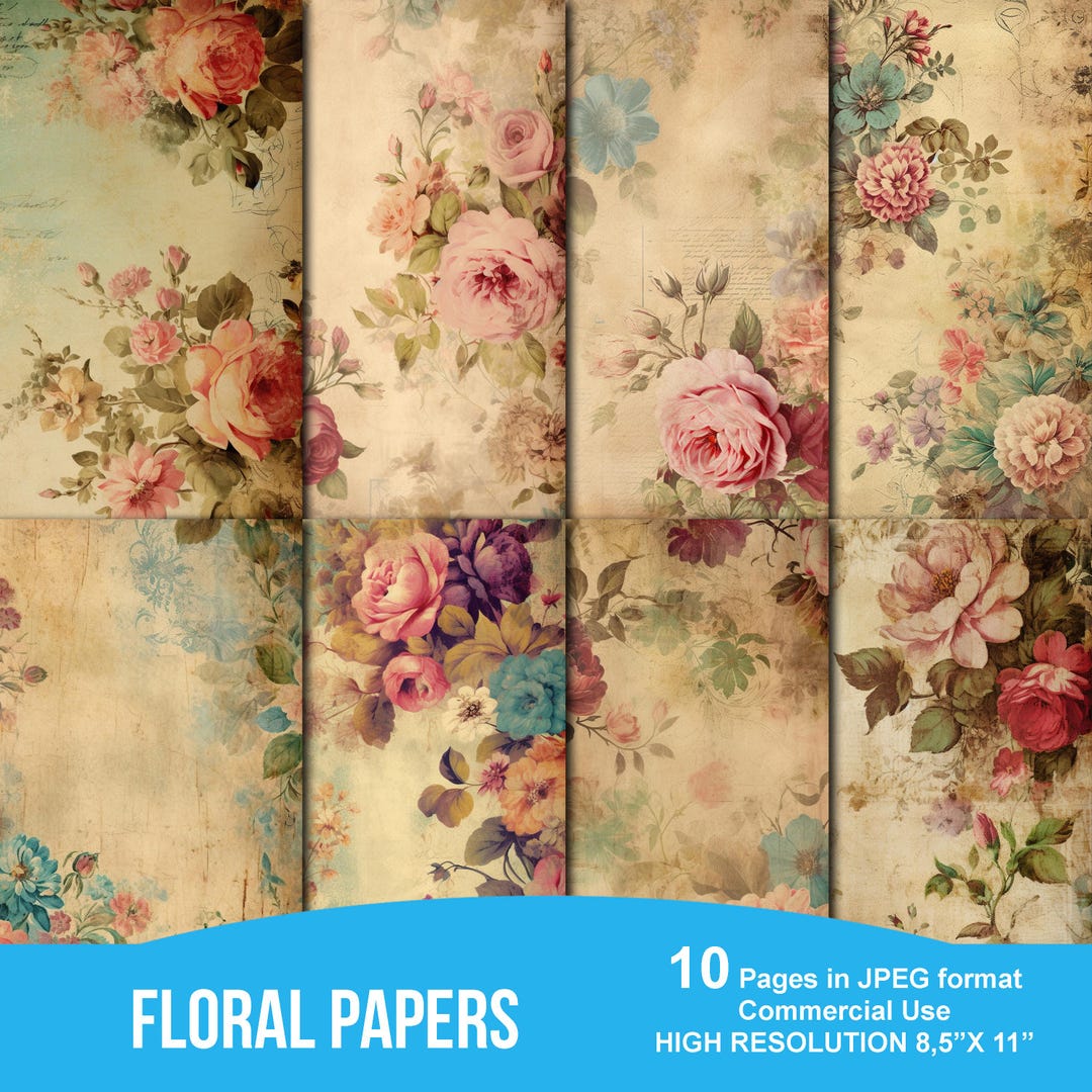 Floral Junk Journal Papers, Vintage Roses Collage Sheet, Watercolor ...