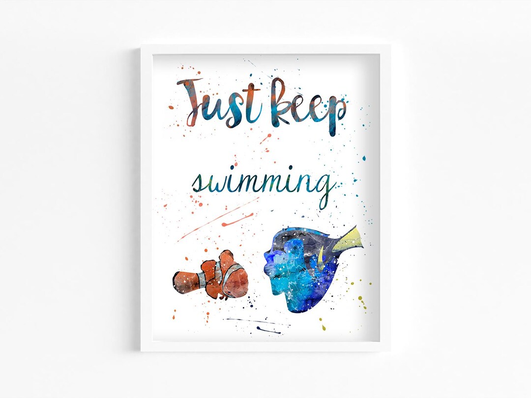 Marlin and Dory Just Keep Swimming Quote Watercolor Print, Nemo Disney ...