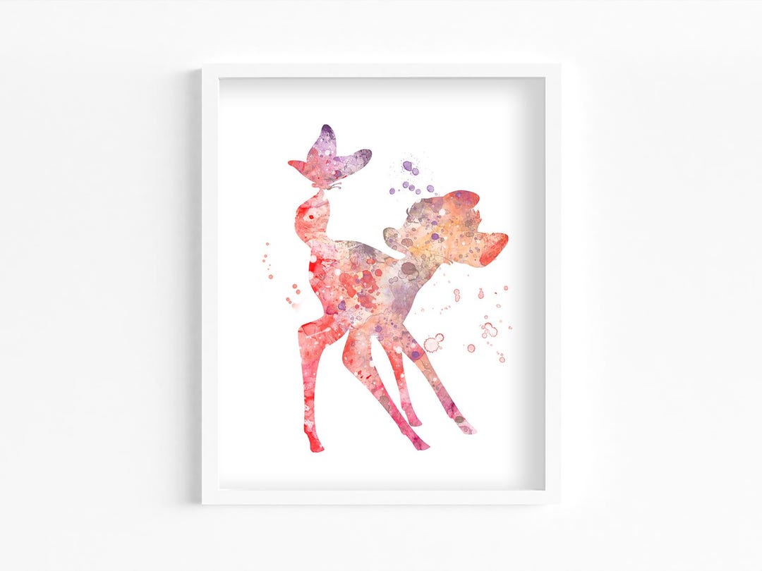 Bambi With Butterfly Watercolor Print, Animal Disney Digital Painting ...