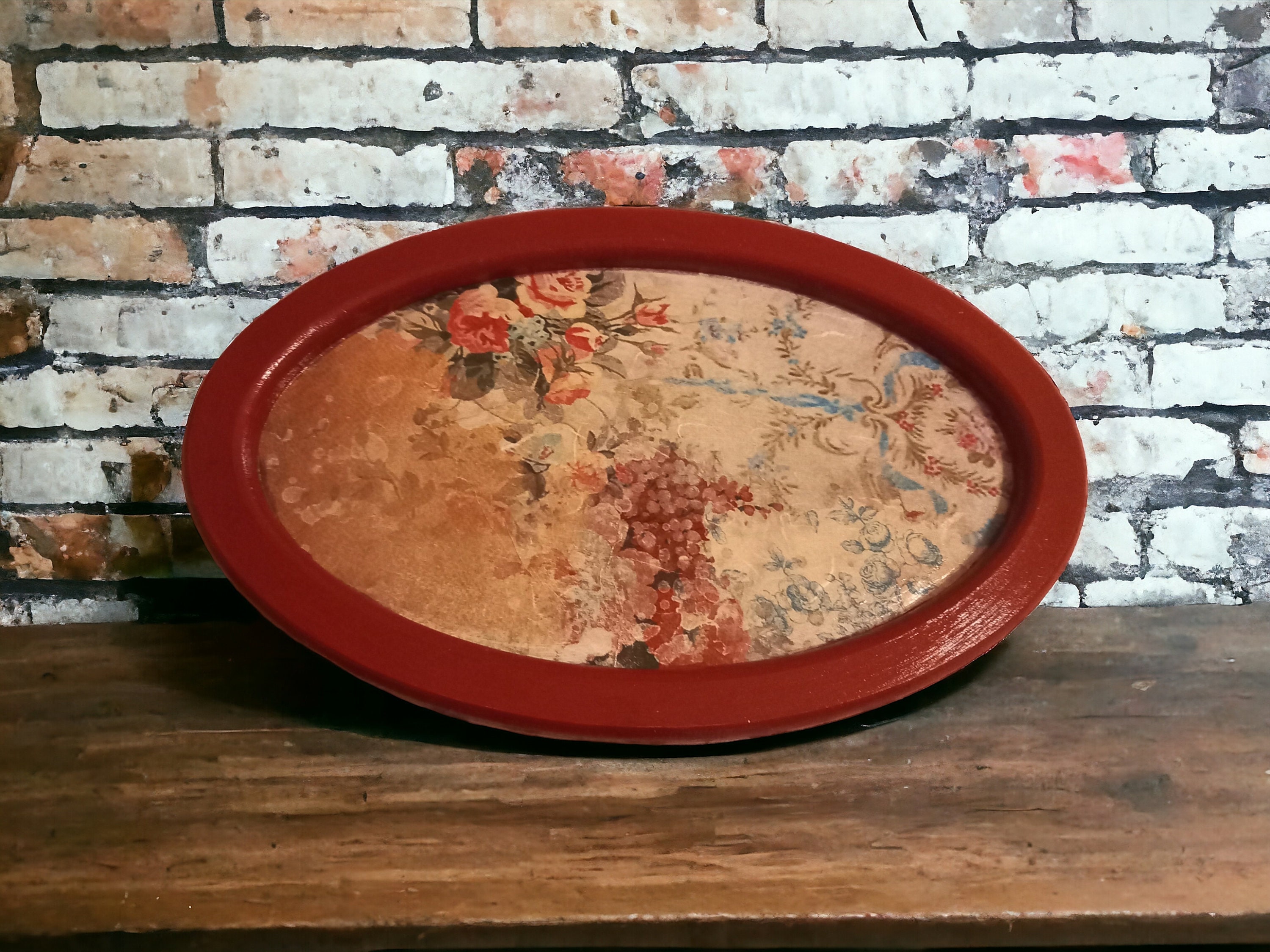 Wooden Red Hand Painted Serving Tray. Oval Decorative Wooden Tray ...