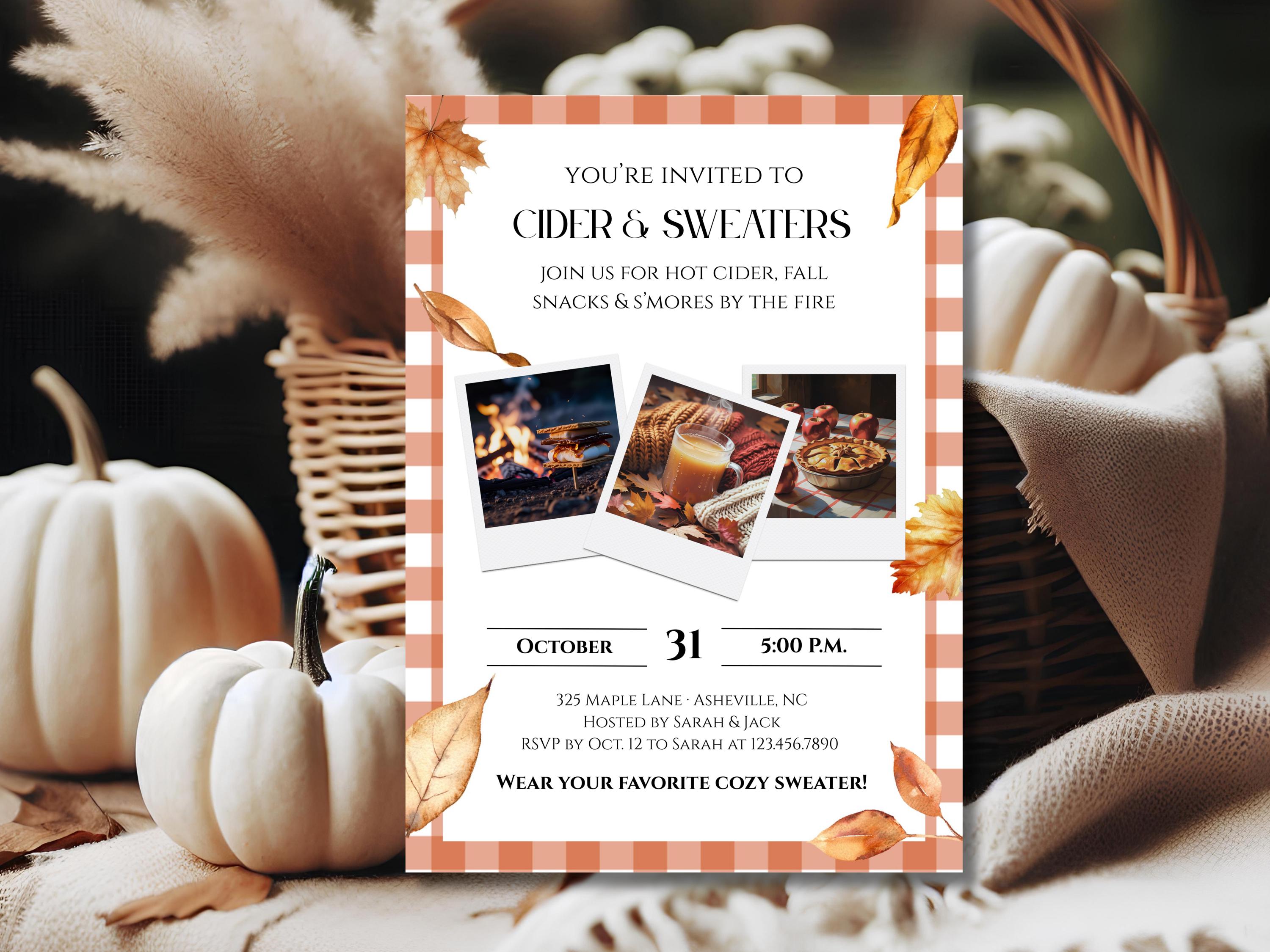 Cider and Sweaters Fall Party Invitation Template: Editable Apple Cider ...