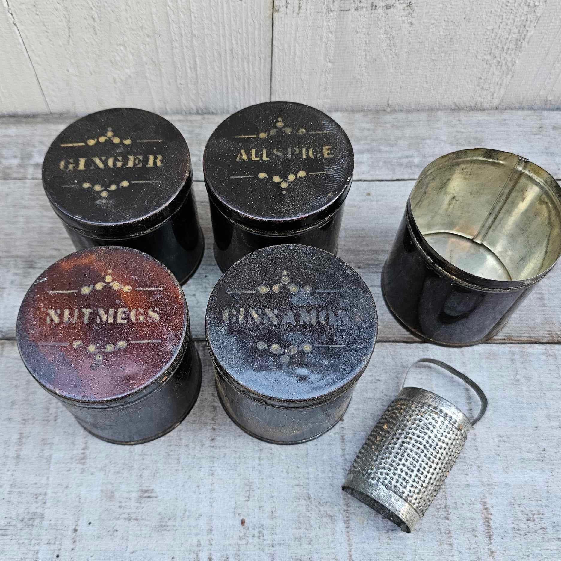 Antique Tole Ware Round Tin Spice Box With Stenciled Spice Cans and ...