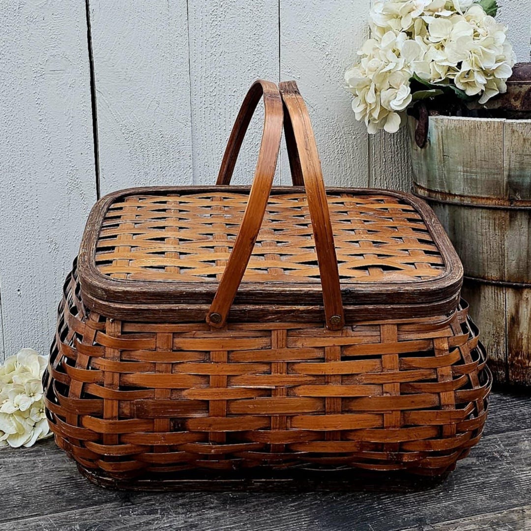 Vintage French Splint Woven Wood Large Picnic Basket With Bamboo ...