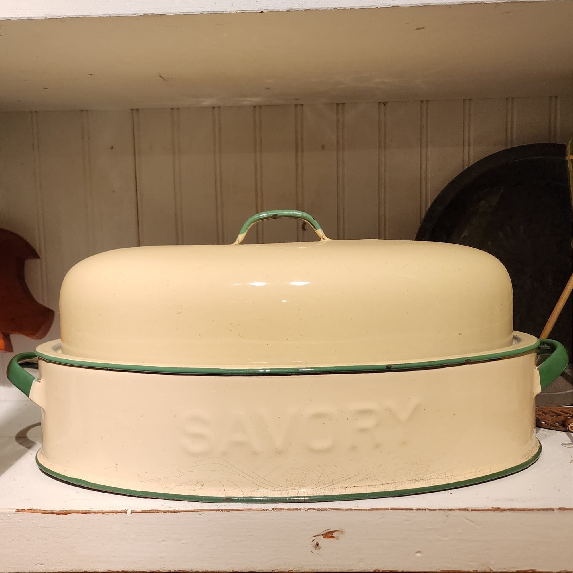 Vintage Butter Yellow & Green Trim Enameled savory Roasting Pan With ...