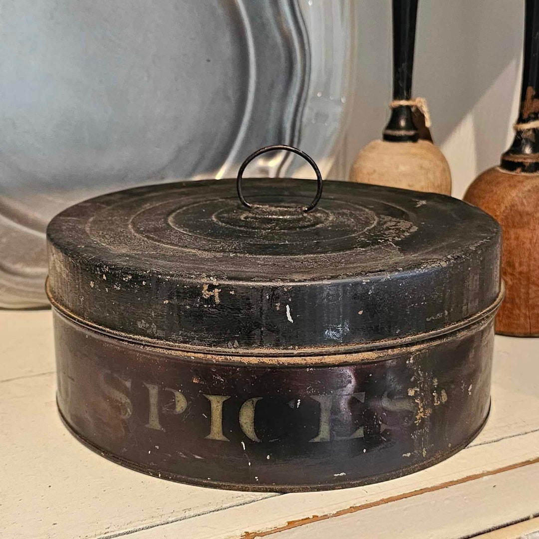 Antique Tole Ware Round Tin Spice Box With Stenciled Spice Cans and ...