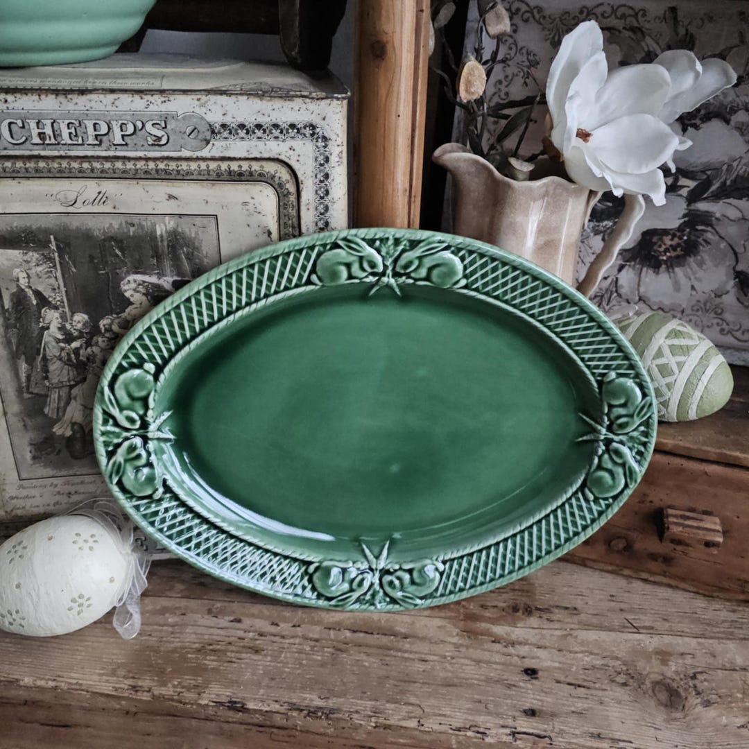 Vintage Bordallo Pinheiro Oval Green Glazed Bunny Platter Portugal ...