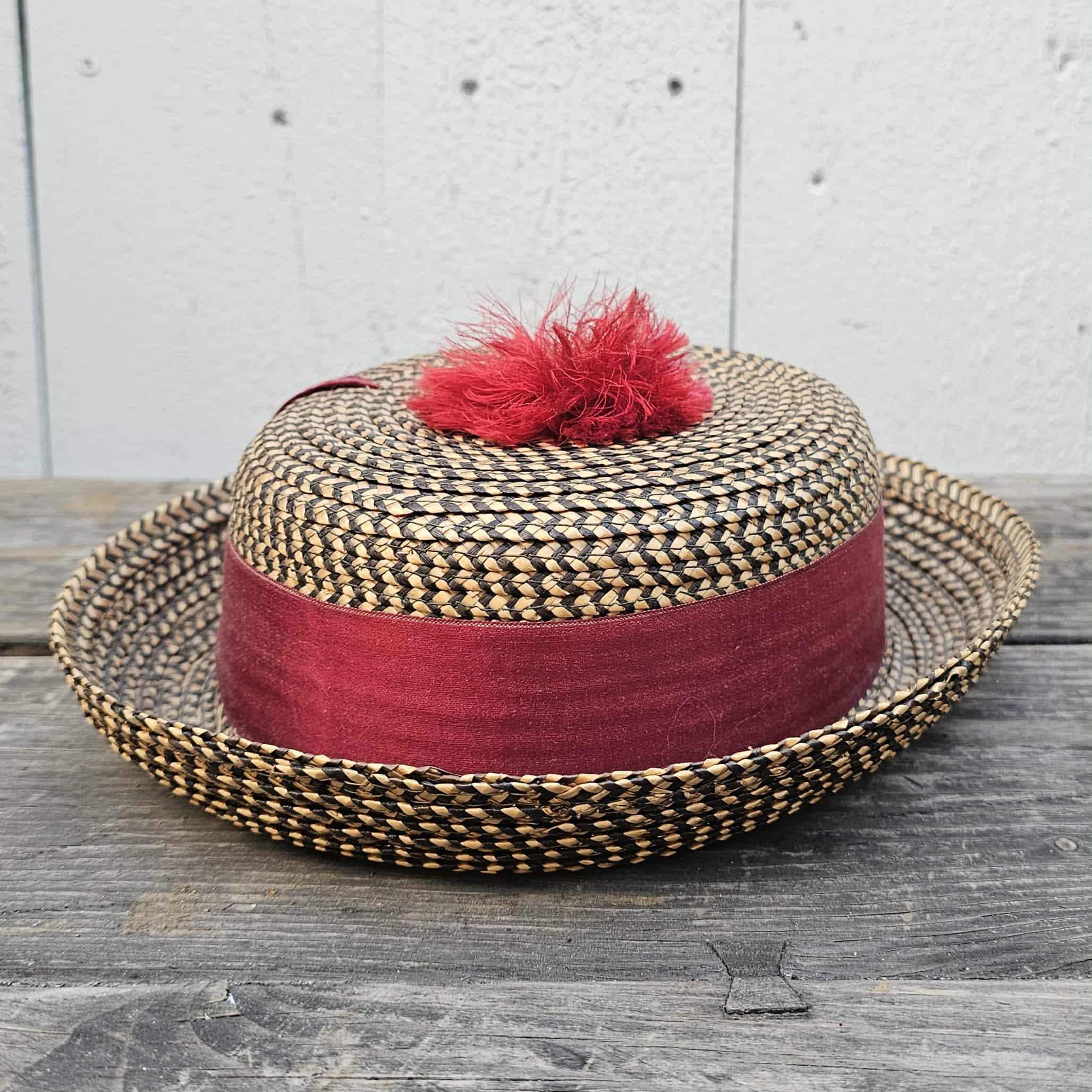 Antique Gem Small Girl/ladies Black & Natural Woven Straw Boaters Hat ...