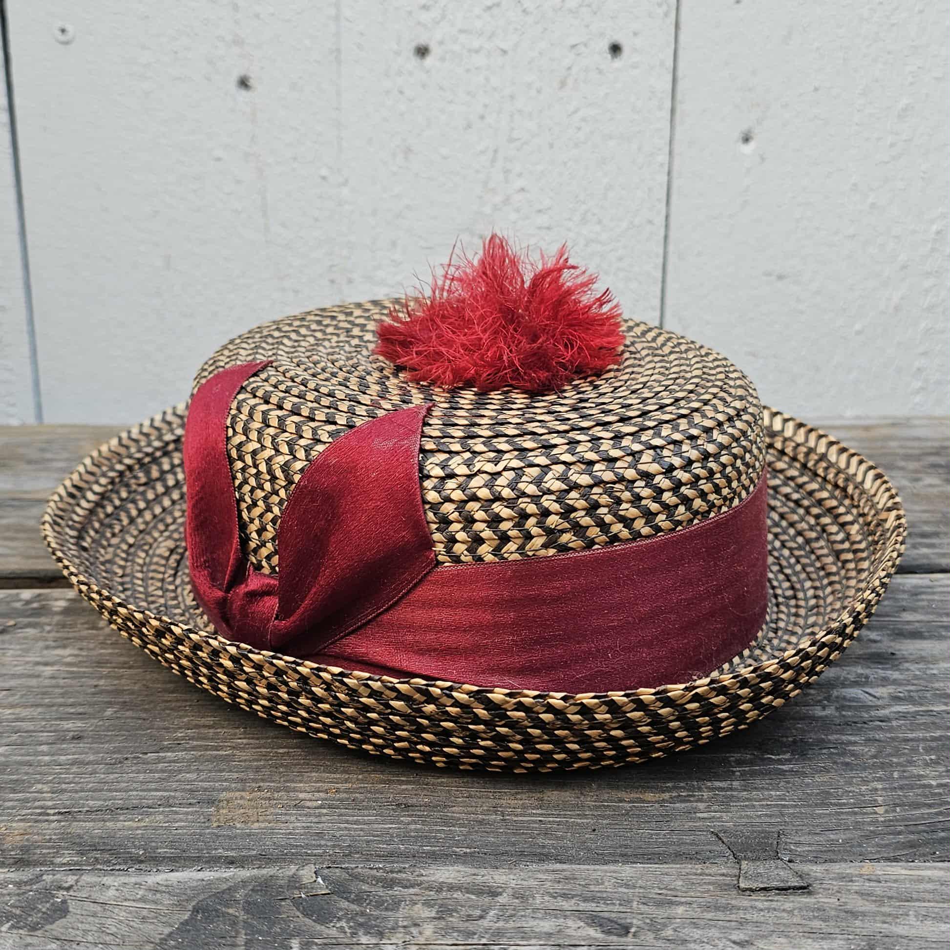 Antique Gem Small Girl/ladies Black & Natural Woven Straw Boaters Hat ...