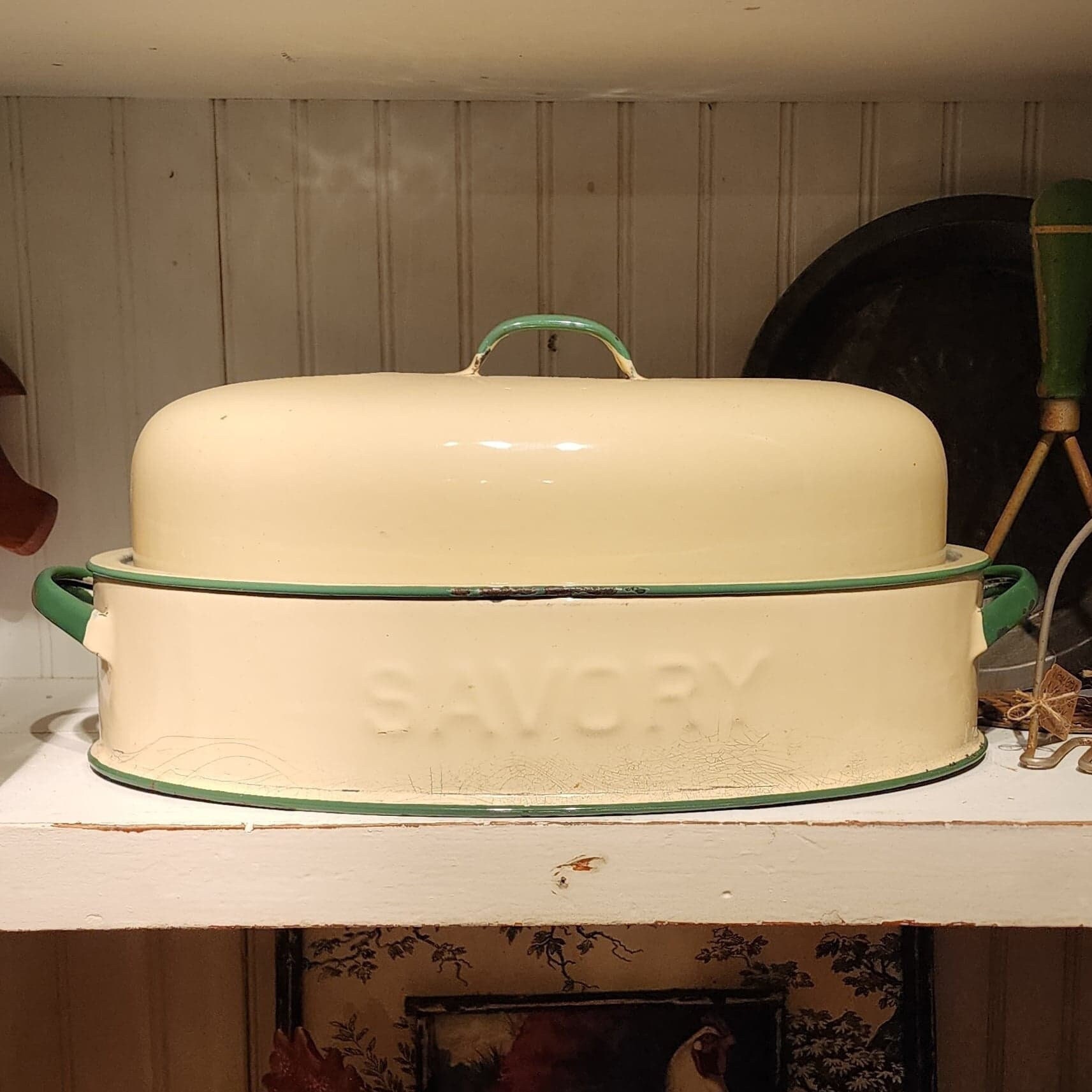 Vintage Butter Yellow & Green Trim Enameled savory Roasting Pan With ...