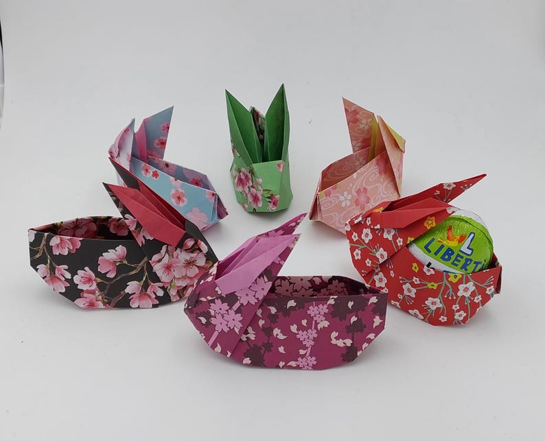 6 Origami Rabbits in a Box / Cherry Blossom Pattern / Decoration / Gift ...