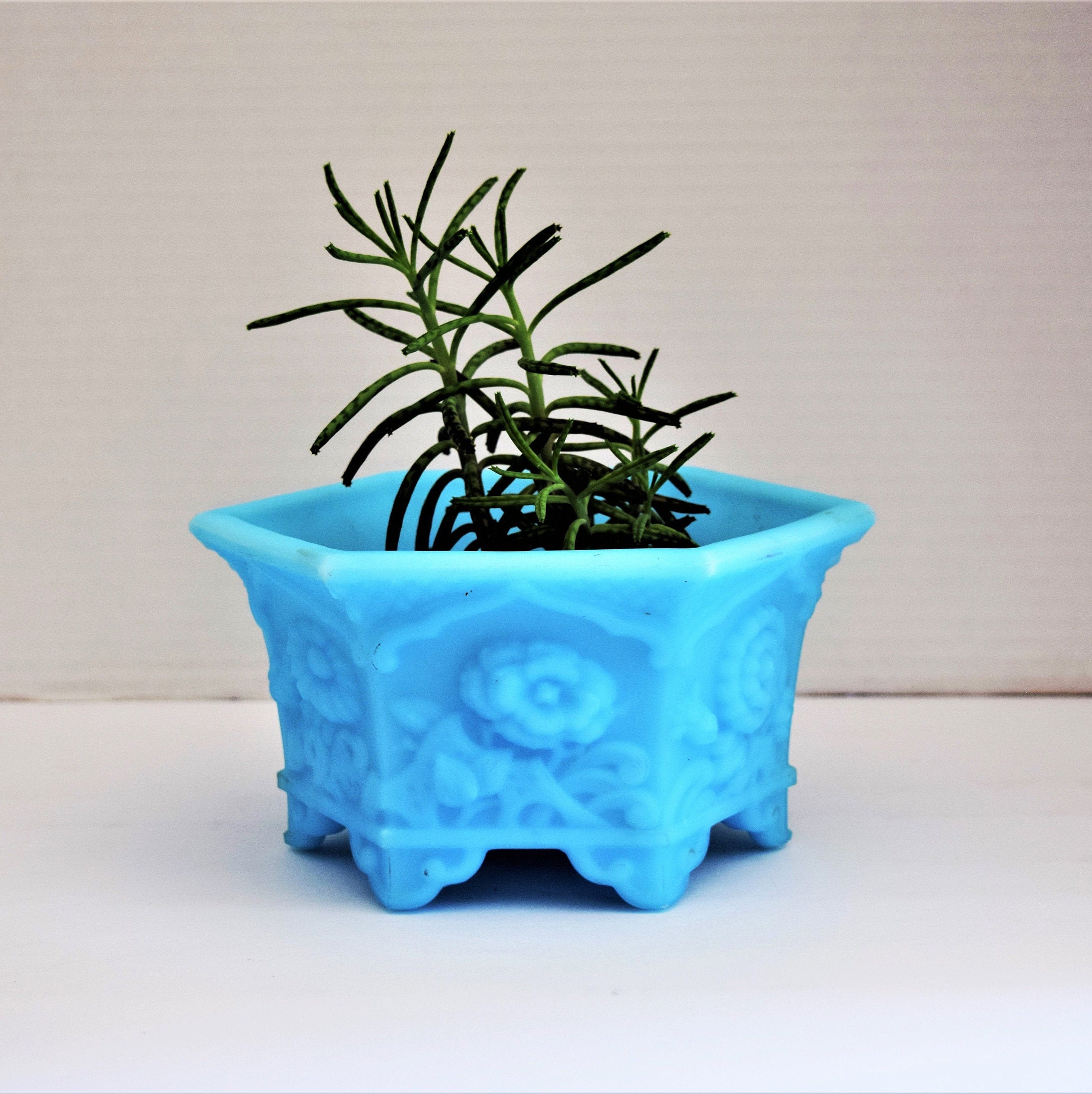 Fenton Blue Satin Glass Planter Hexagon With Embossed Flower - Etsy