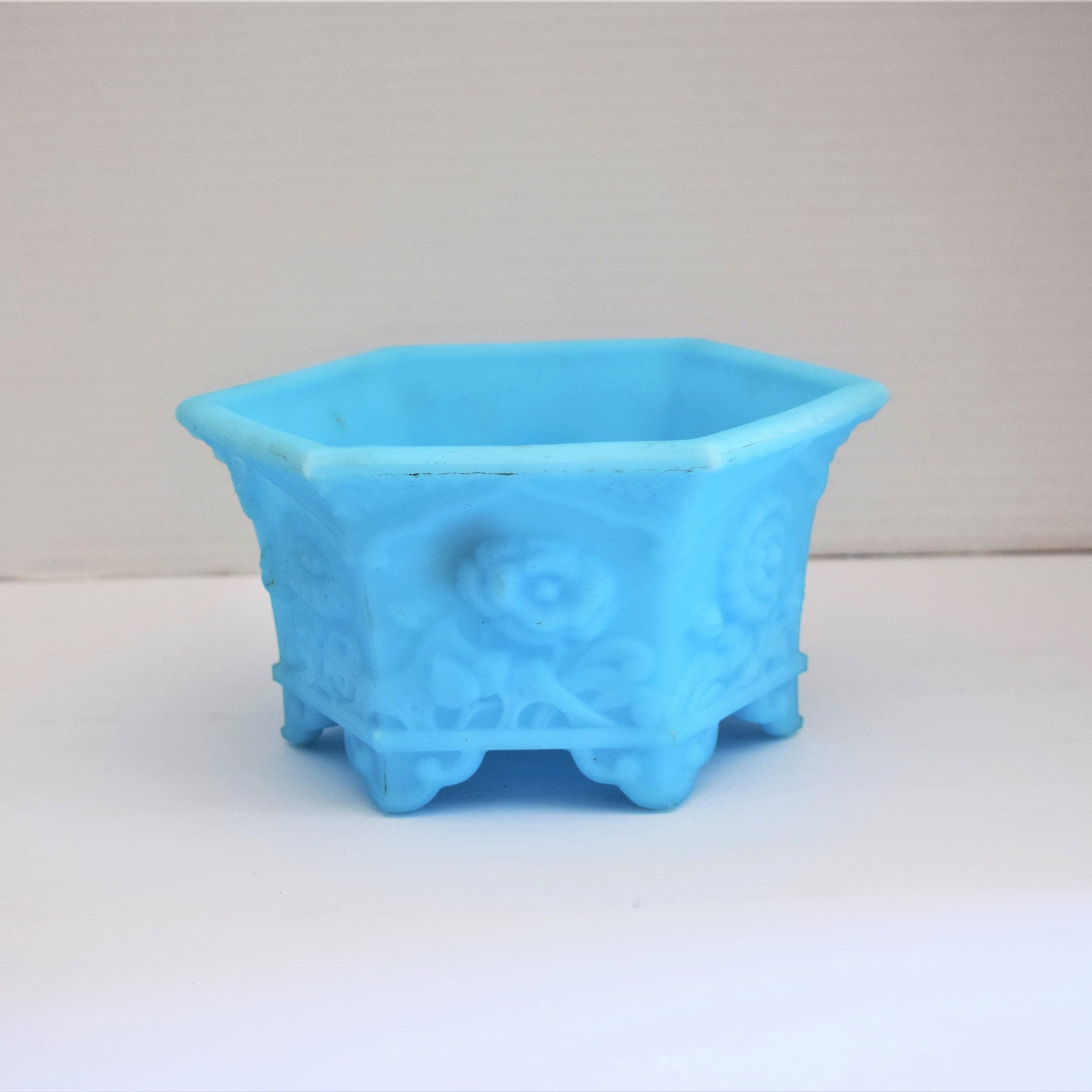 Fenton Blue Satin Glass Planter Hexagon With Embossed Flower - Etsy