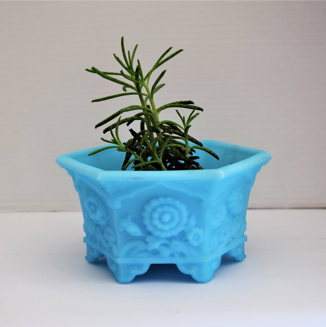 Fenton Blue Satin Glass Planter Hexagon With Embossed Flower - Etsy