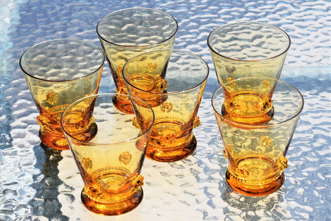 6 Amber Highball Glasses/ MCM Barware- Raised Flowers - Etsy