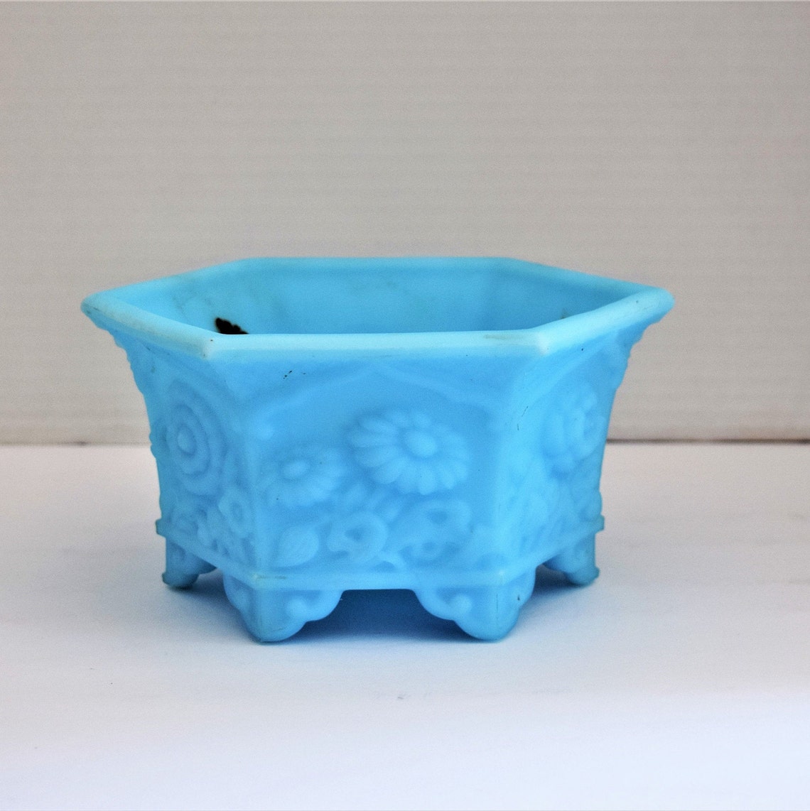 Fenton Blue Satin Glass Planter Hexagon With Embossed Flower - Etsy
