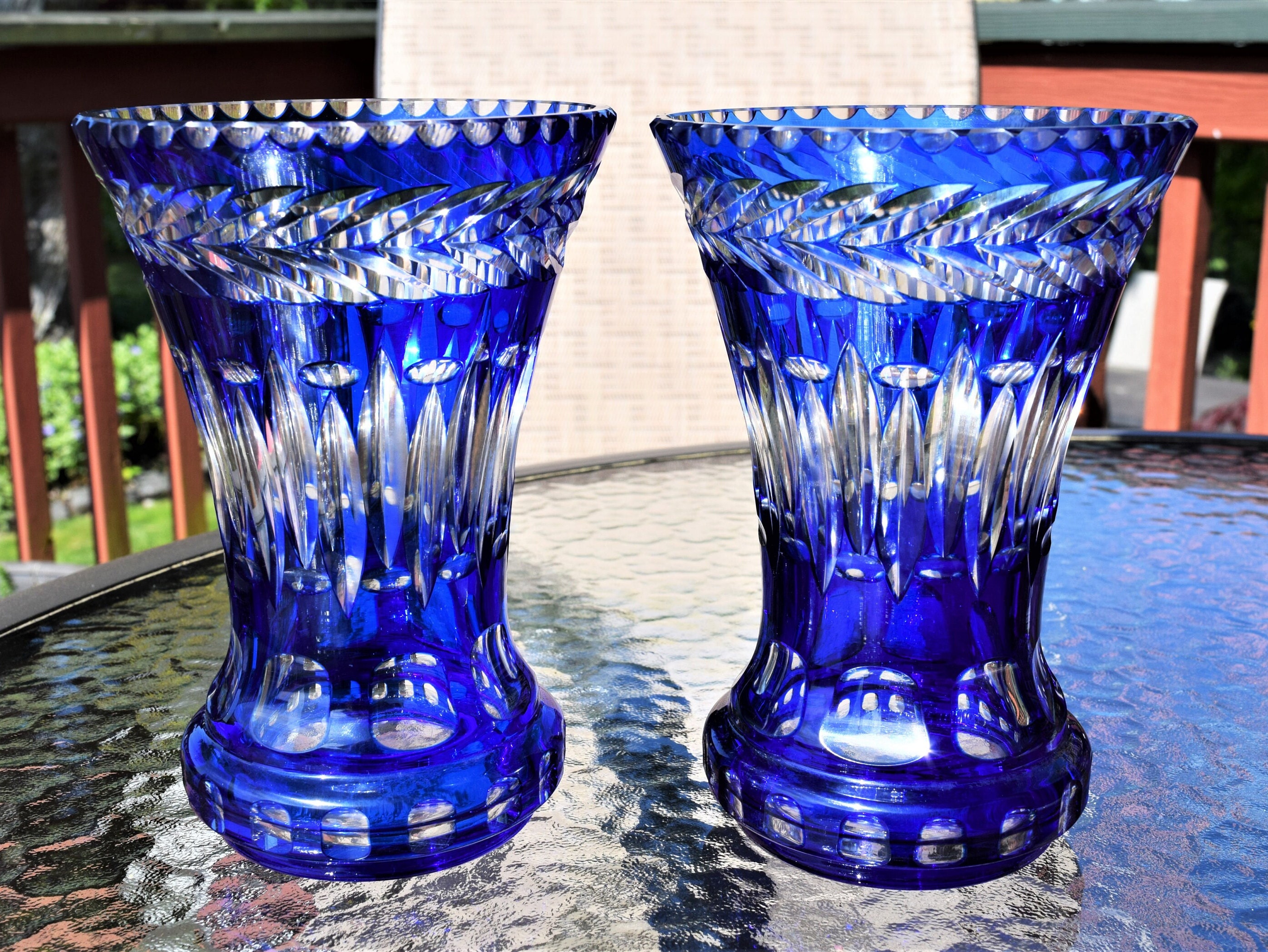 Pair Cobalt Blue Cut To Clear Crystal Vases Blue Art Glass Vintage Glass Etsy