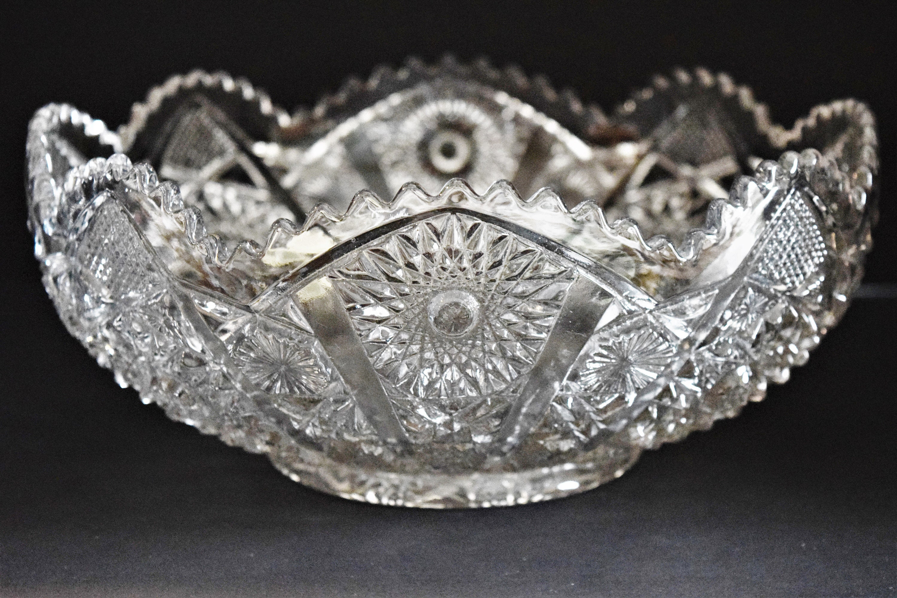 Imperial Crystal Glass Bowl/embossed Symbol-sunburst Pattern-ridged ...