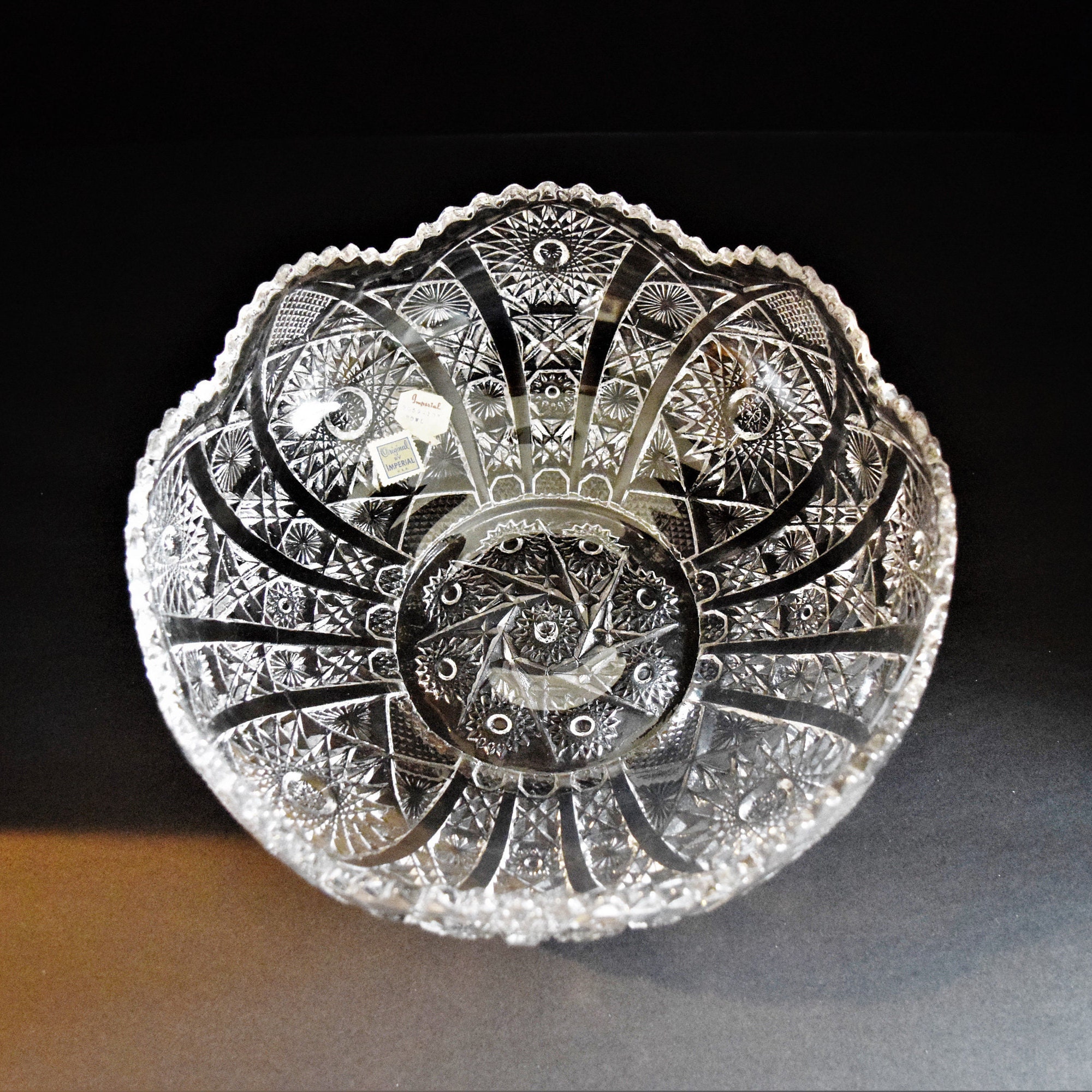 Imperial Crystal Glass Bowl/embossed Symbol-sunburst Pattern-ridged ...