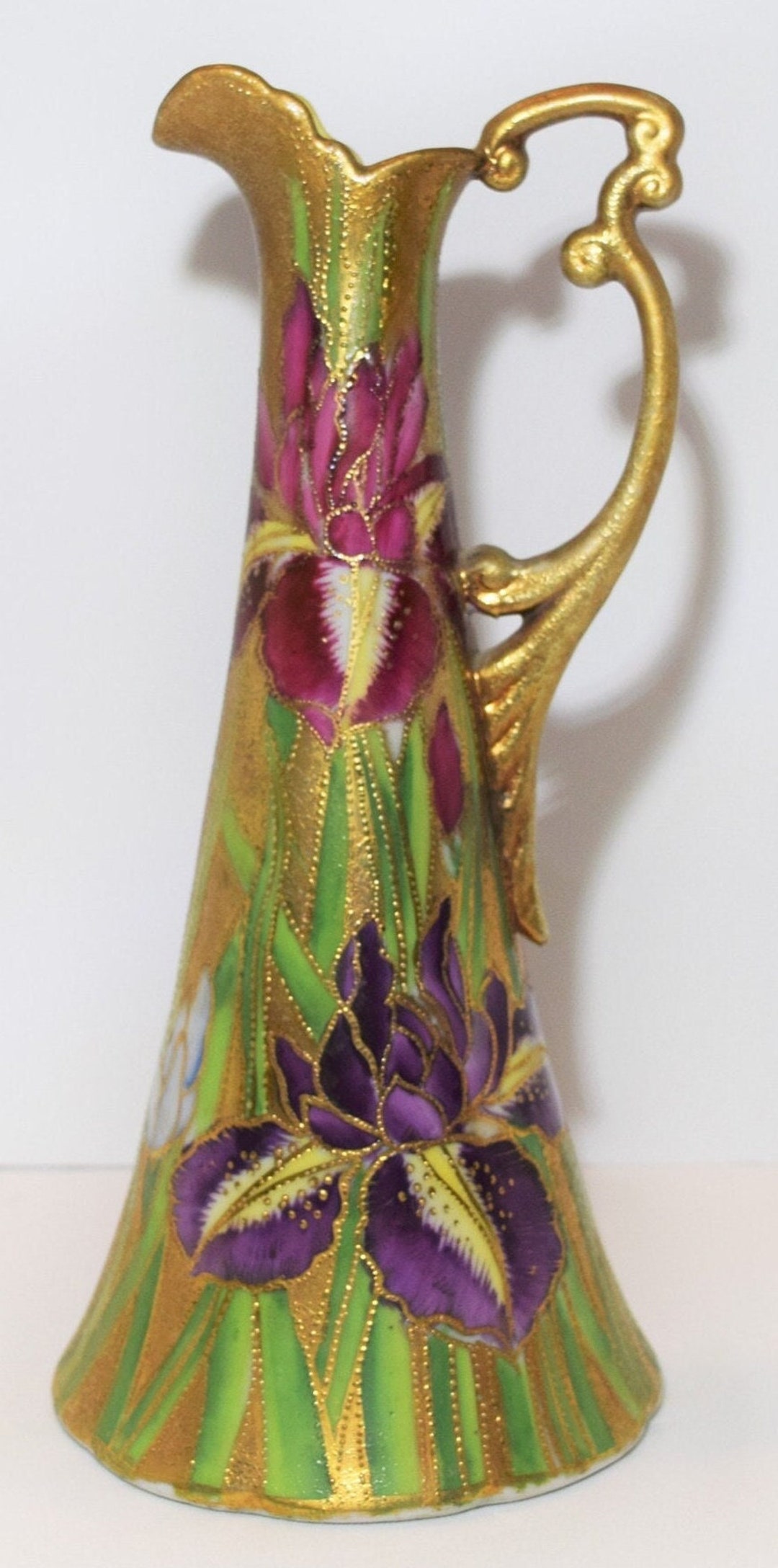 10 3/4" Iris Ewer Pitcher Vase- Japanese Hand Painted- Gold Beaded Embossed- Enameled Enamel ...