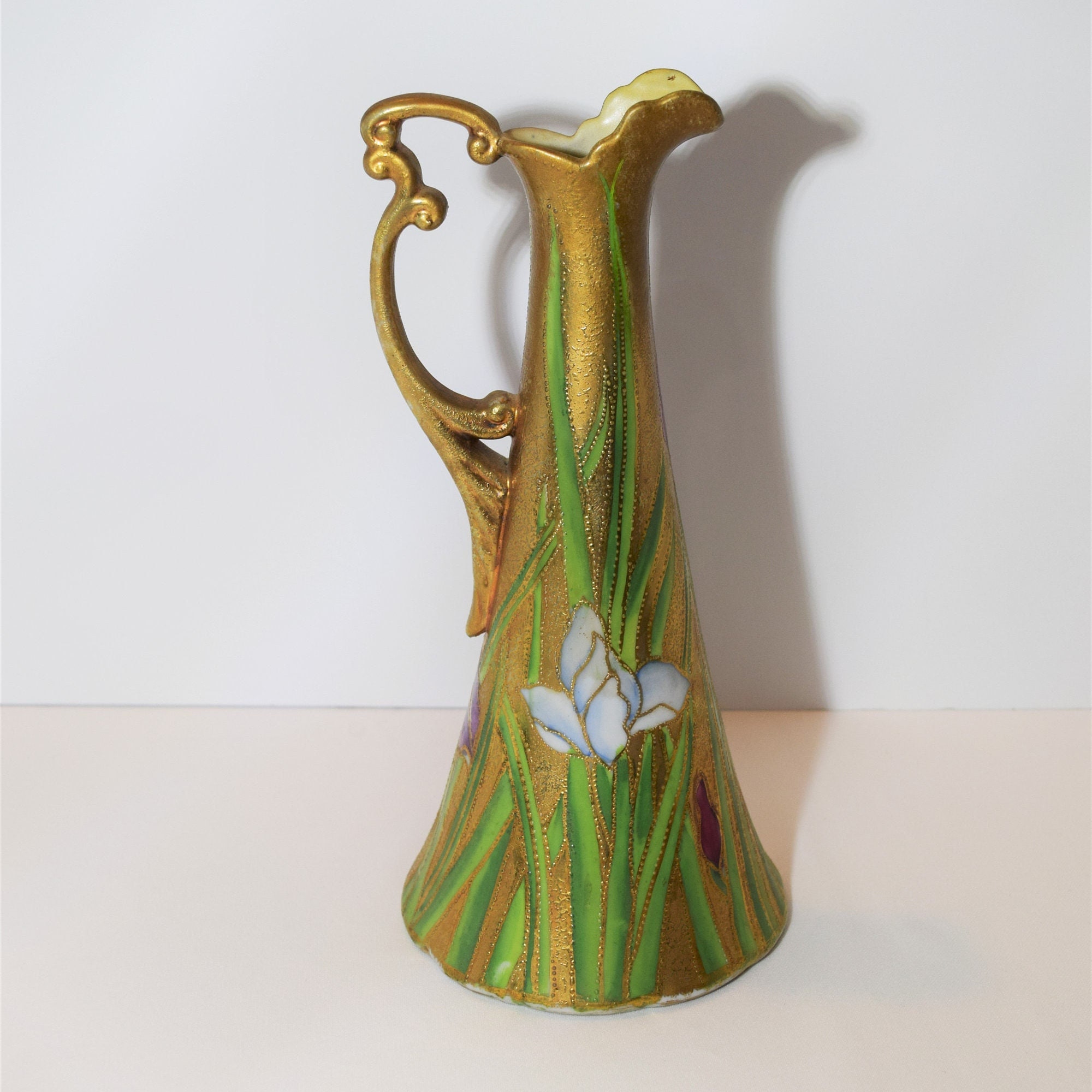 Antique Iris Pitcher Hand Painted Gold Embossed Enameled - Etsy