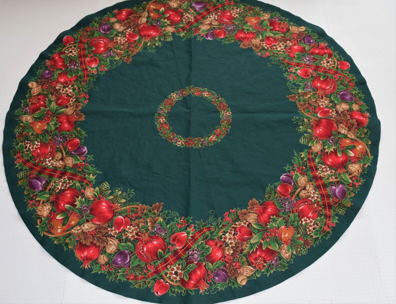 34" Round Christmas Table Topper-green With Fruit/ Pomegranates, Leaves ...