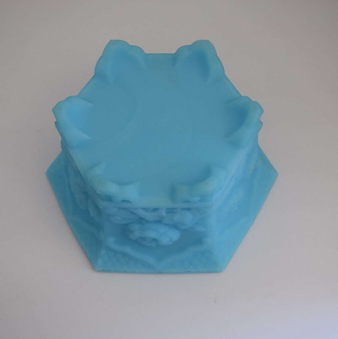Fenton Blue Satin Glass Planter Hexagon With Embossed Flower - Etsy