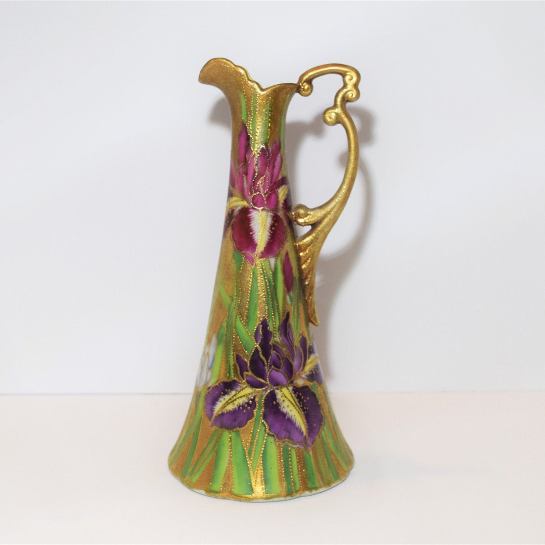 Antique Iris Pitcher Hand Painted Gold Embossed Enameled - Etsy