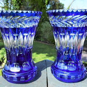 Pair Cobalt Blue Cut to Clear Crystal Vases- Blue Art Glass- Vintage Glass - Etsy