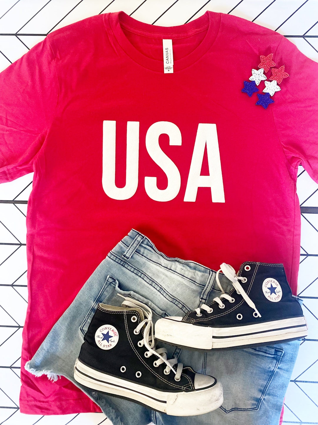 Puff Print USA Patriotic Red Tee 4th of July Tshirt Memorial Day ...