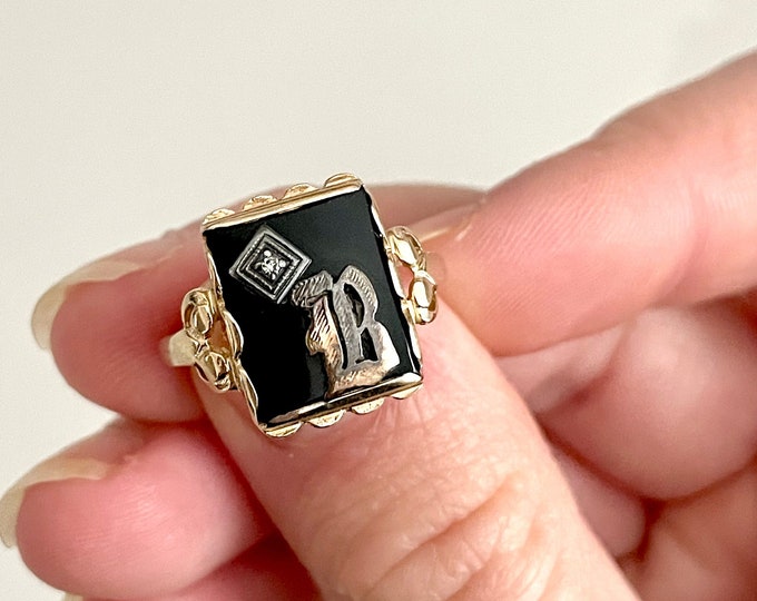 10K Gold & Black Onyx Signet Ring With Diamond, Silver Letter "b" Initial, Scalloped Edges, Bold ...