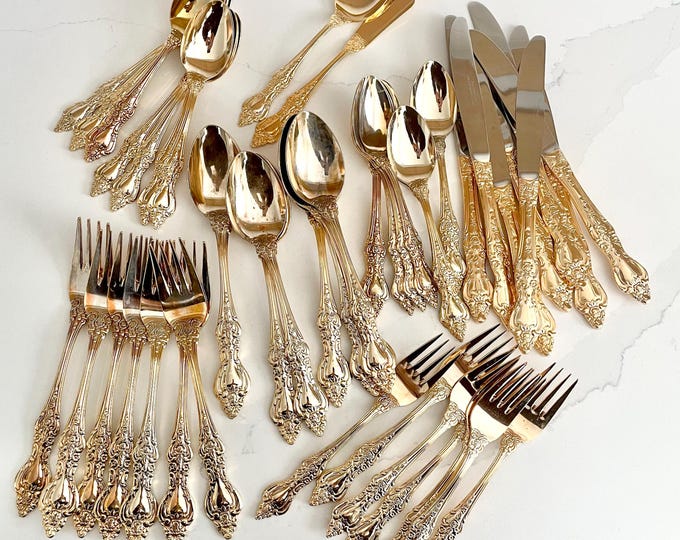 1980s Gold Plated Flatware by Northcraft, Stainless Steel Service for 7 ...